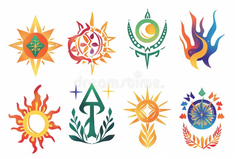 Various Colored Symbols Grouped Together on a Plain White Surface Stock ...