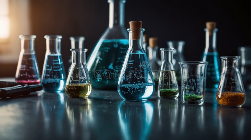 Various Colorful Chemical Solutions in Laboratory Glassware on a Lab ...
