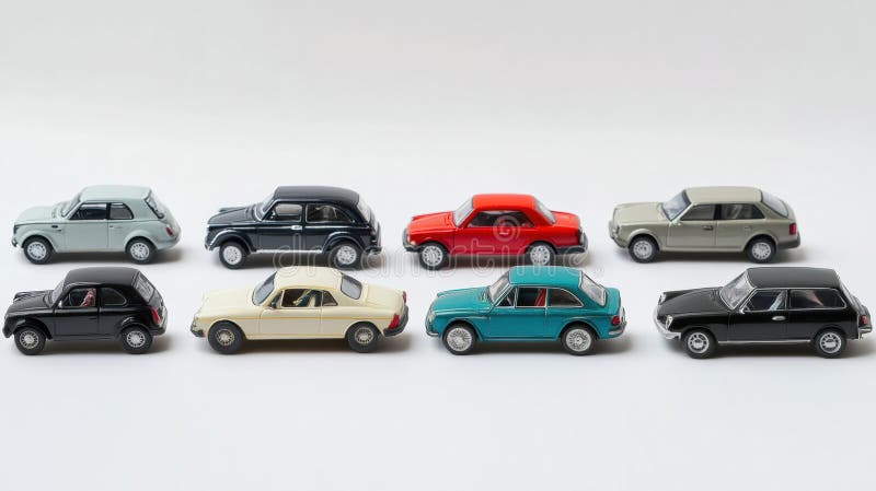 Various Colorful Miniature Car Models are Neatly Arranged on a White ...