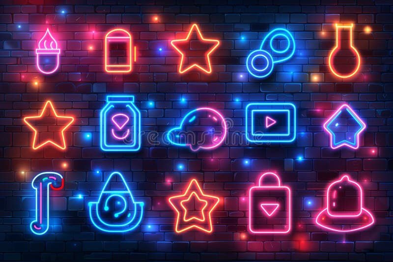 Various Colorful Neon Signs Glowing on a Brick Wall at Night Stock ...