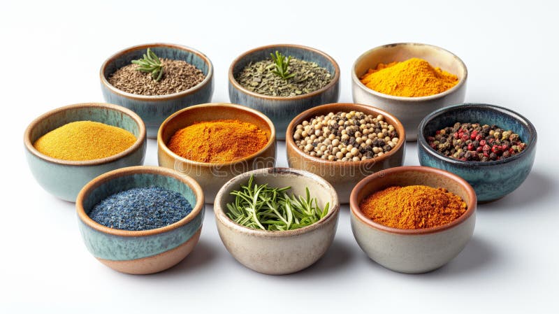 Various Colorful Spices in Ceramic Bowls, Essential Ingredients for ...