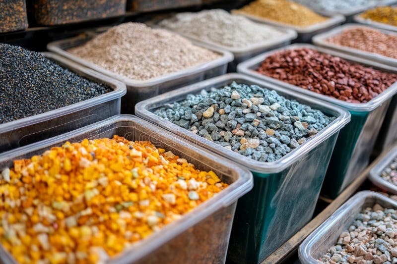 Various Colorful Stones and Pebbles Displayed in Plastic Containers at ...