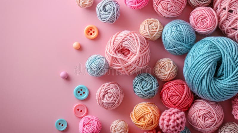 Various Colorful Yarn Balls with Buttons on a Pink Background Stock ...