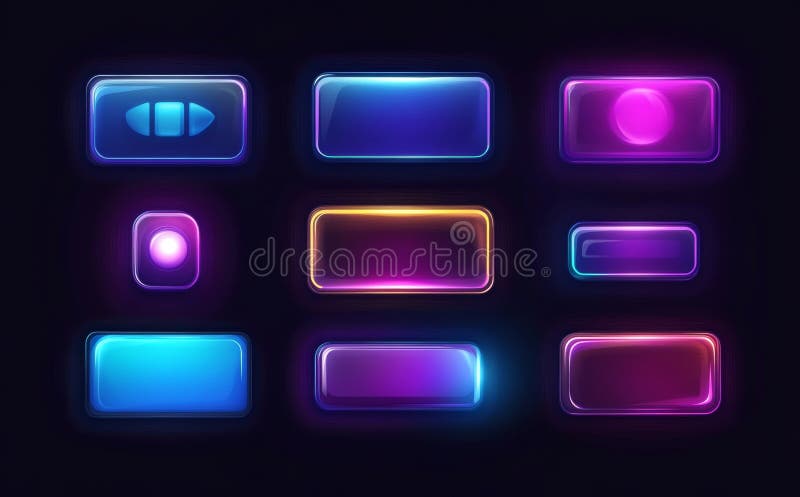 Various Colors and Shapes of Glowing Buttons on a Dark Background Stock ...