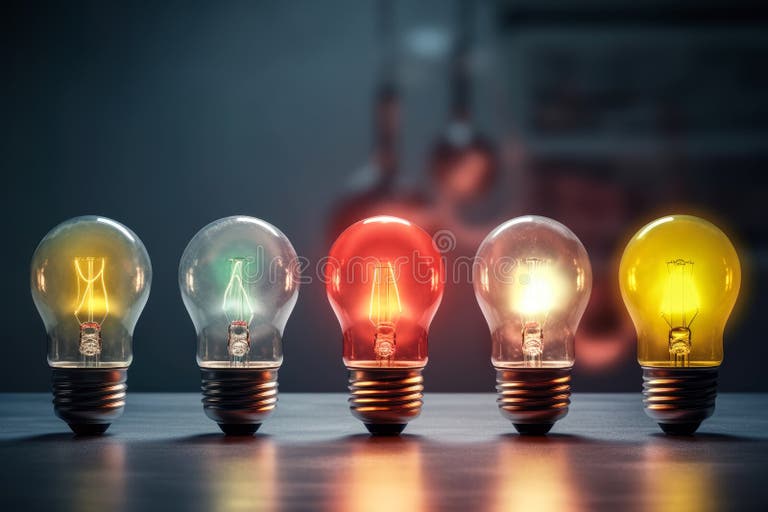 Various Colours Bulbs Glowing. Different Ideas Concept Stock ...