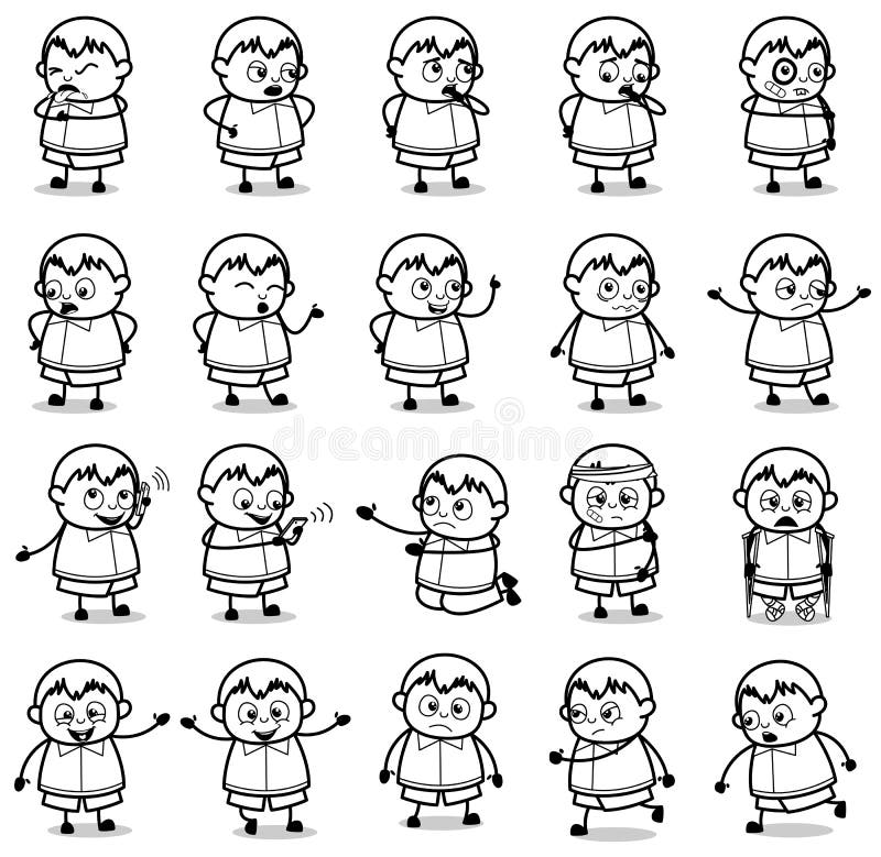 Various Comic Poses of Fat Boy Character - Set of Concepts Vector ...
