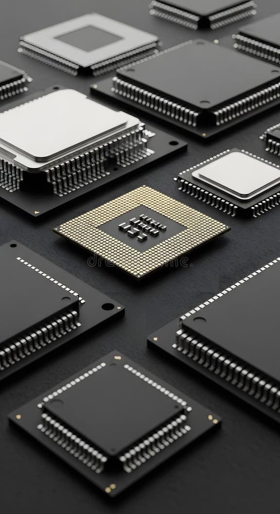 Various Computer Chips and Processors on a Dark Surface, High Tech ...