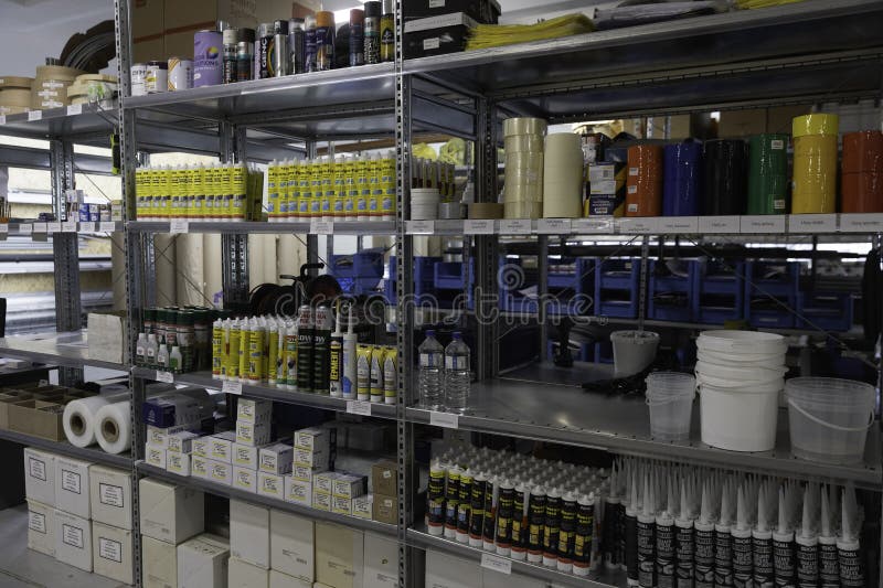 Supplies Tools Organized Neatly Shelves Storage Facility Construction ...