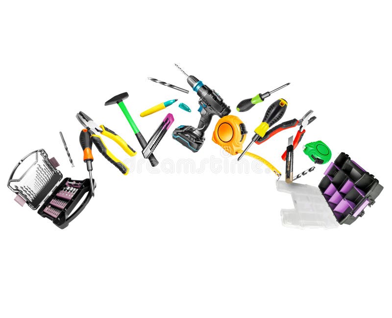 Various Construction Tools in the Air Isolated on White Background ...