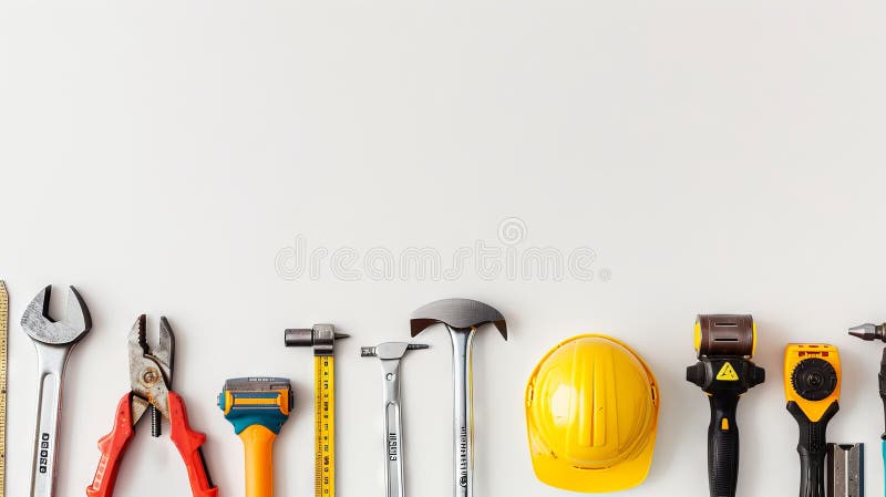 Various Construction Tools and Hard Hat Arranged on a White Background ...