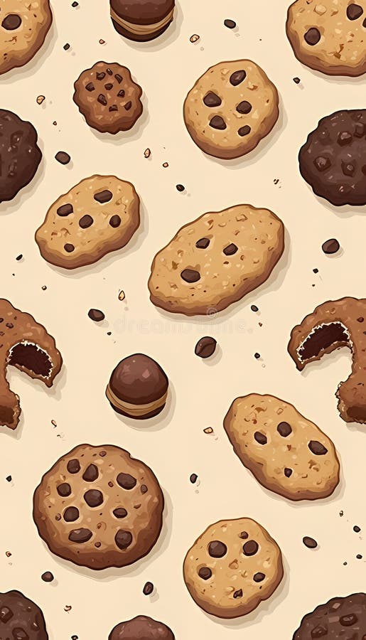 Various Cookies Chocolate Chips and Sandwich Cookies Pattern on Beige ...