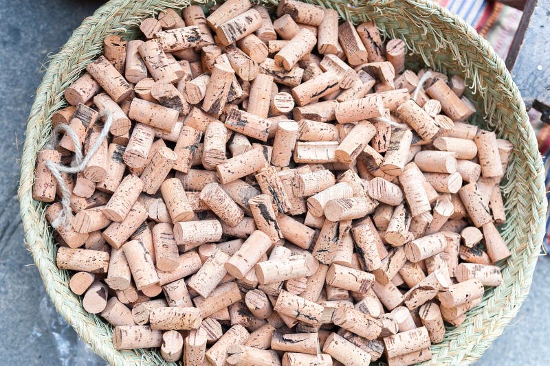 Various Corks in the Foreground with Bark of Cork Oak Stock Photo ...