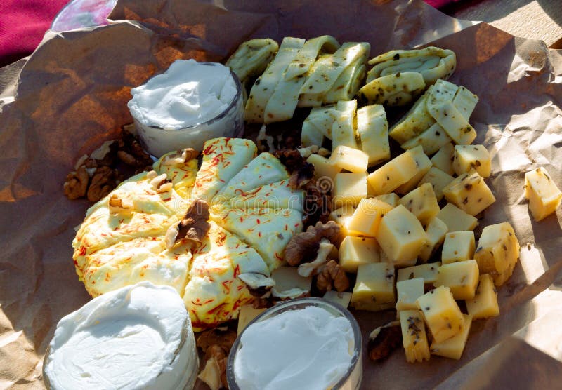 Various Craft Cheese on Paper Stock Photo - Image of food, organic ...