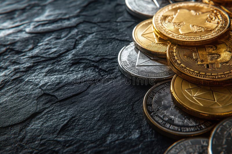 Assorted Cryptocurrency Coins Arranged on a Textured Black Surface for ...