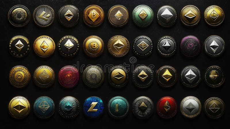 Various Cryptocurrency Tokens Displayed on a Dark Surface for Digital ...