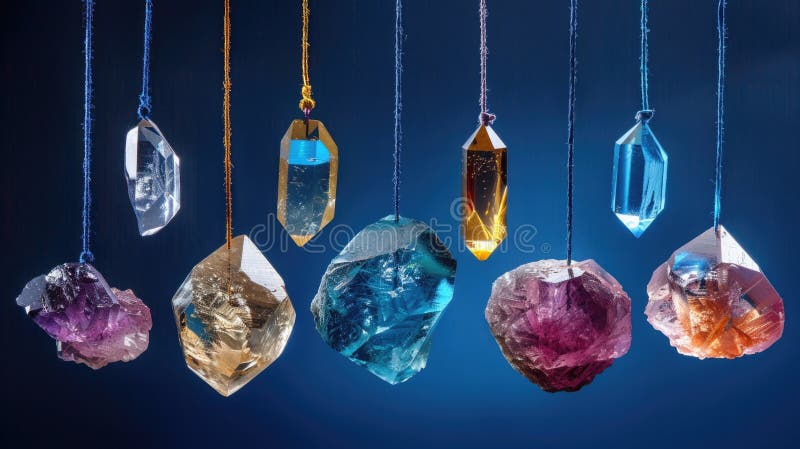 Various Crystals Hanging on Delicate Strings Against a Deep Blue ...