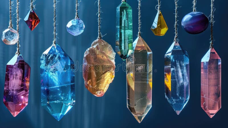 Various Crystals Hanging on Delicate Strings Against a Deep Blue ...