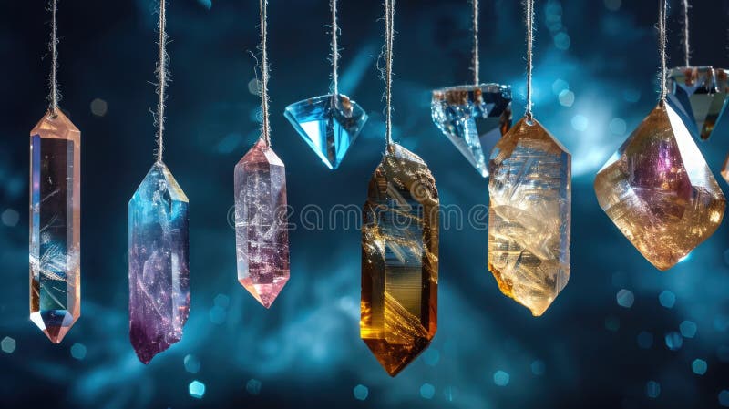 Various Crystals Hanging on Delicate Strings Against a Deep Blue ...