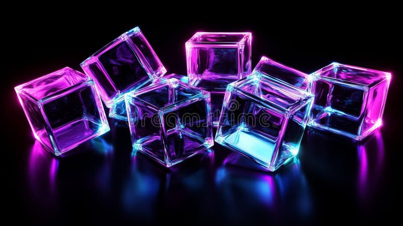 Various Cubes Glowing with Neon Purple Blue Light on a Black Background ...