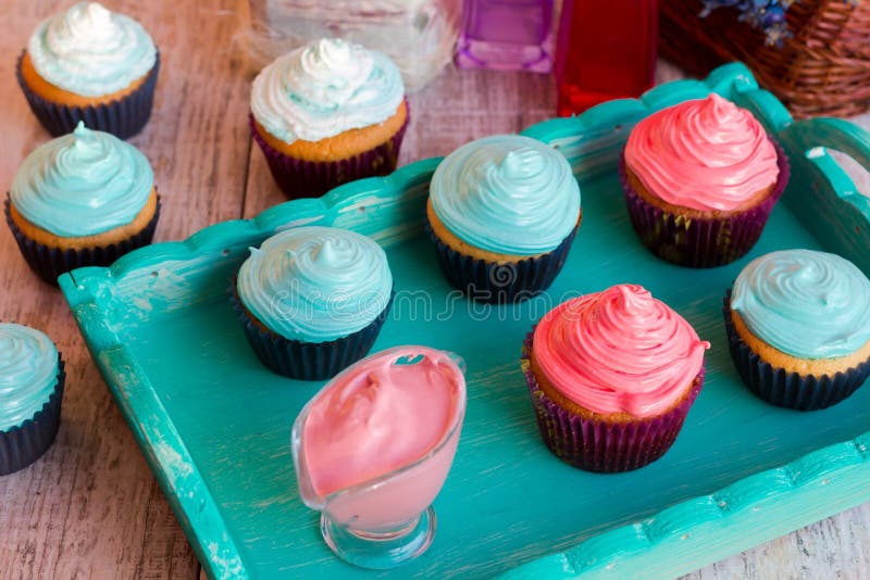 Various Cupcakes on a Wooden Tray of Mint Color Stock Image - Image of ...