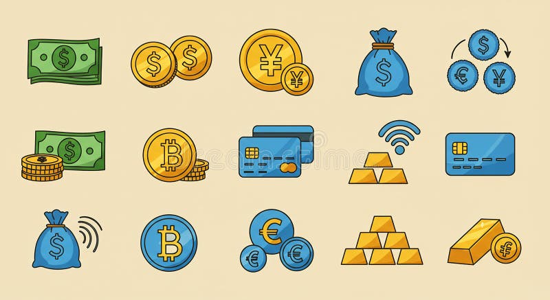 Various Currency Icons Illustrate Different Forms of Money and ...
