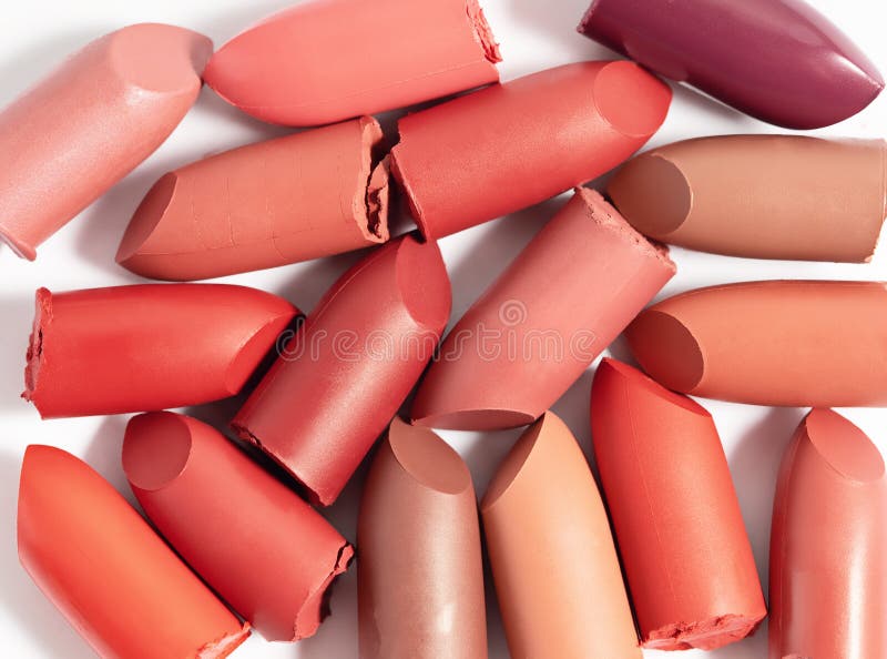 Various Cut Lipsticks on White Background. Makeup Product Samples Stock ...