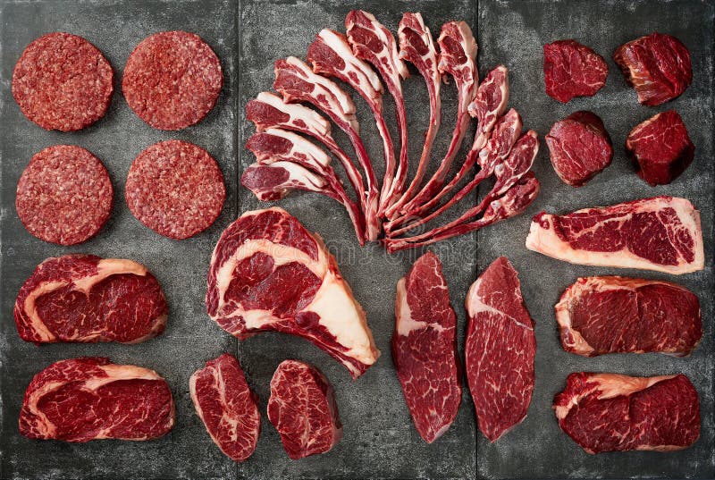Various Cuts of Beef Meat on Dark Surface Stock Image - Image of fresh ...