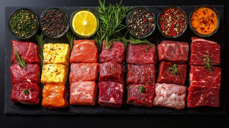 Selection of Fresh Meats and Fish Arranged on a Black Slate Platter for ...