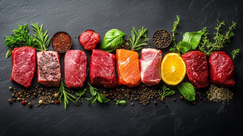 Selection of Fresh Meats and Fish Arranged on a Black Slate Platter for ...