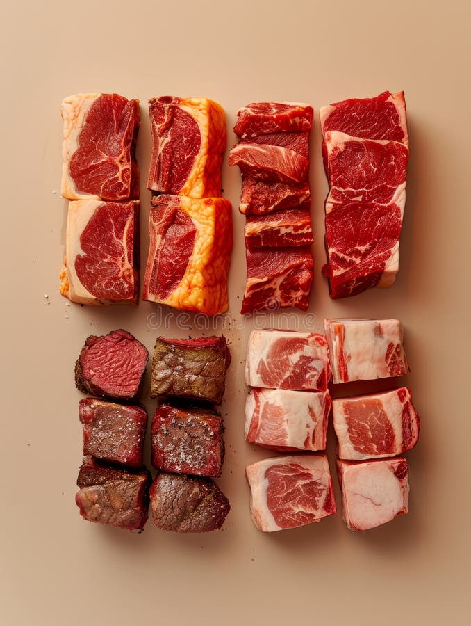 Various Cuts of Raw Beef Meat Arranged on a Beige Surface. Stock Photo ...