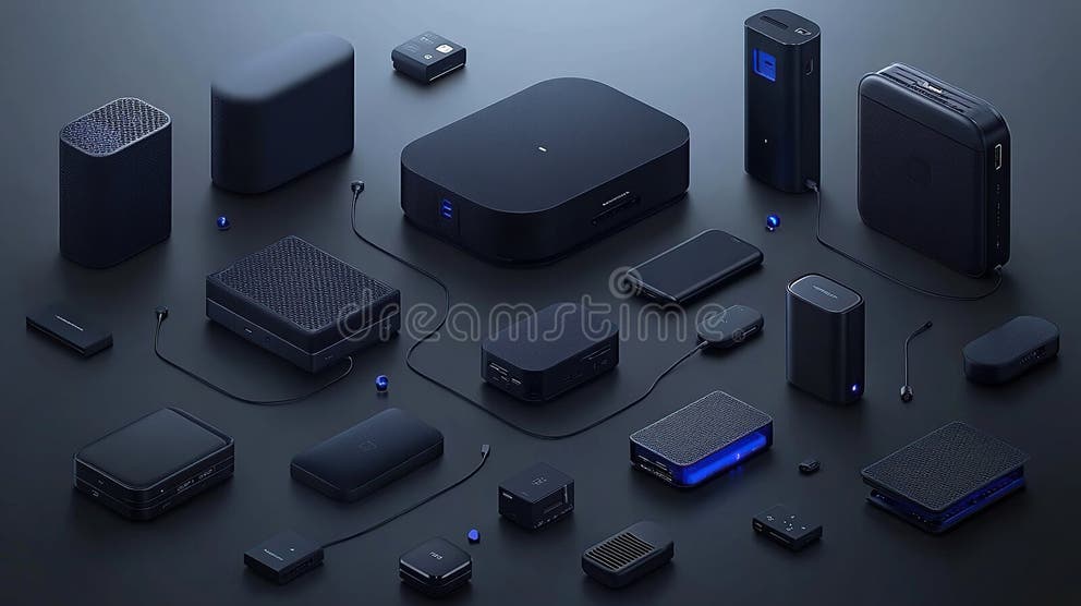 Various Dark-colored Electronic Devices Arranged in a Complex Layout ...
