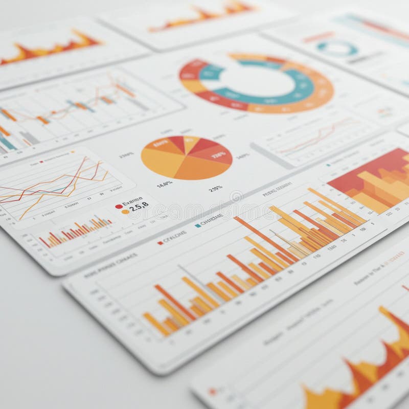 Various Data Visualizations on a Surface Include Bar Charts, Line ...