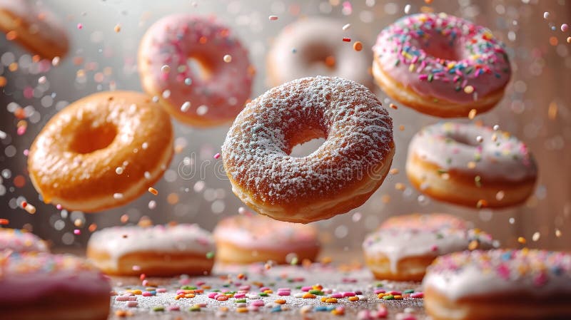 Various Decorated Donuts in Motion Falling on Blue Background. Stock ...