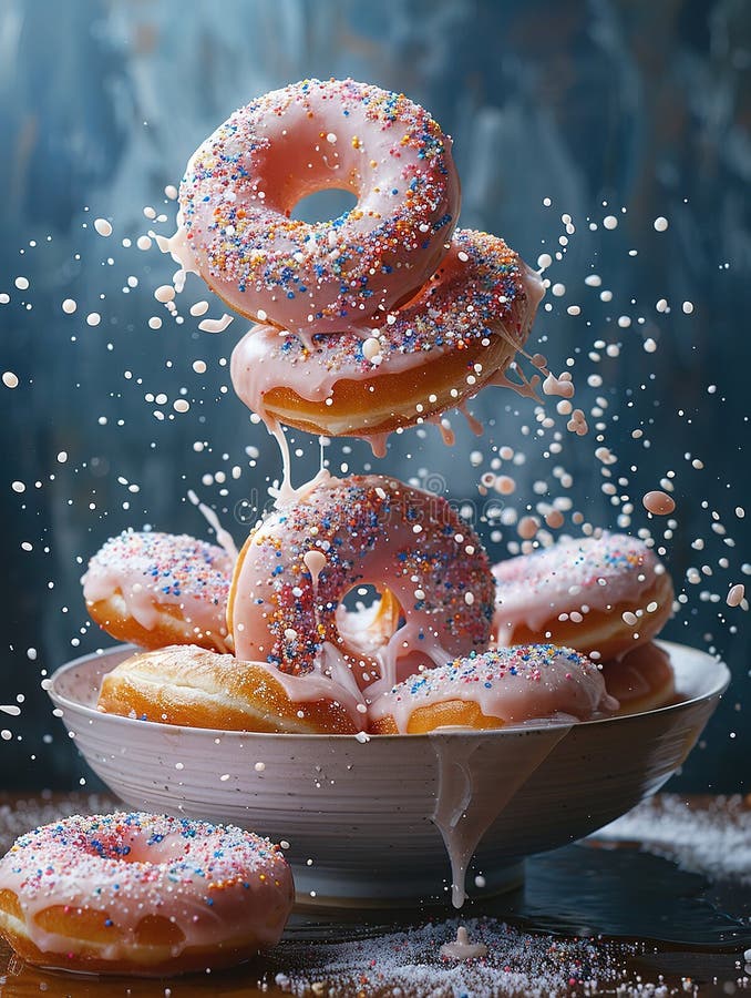 Various Decorated Donuts in Motion Falling on Pink Background. Stock ...