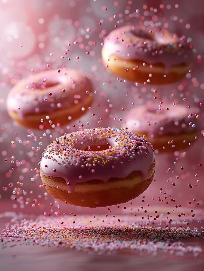 Various Decorated Donuts in Motion Falling on Pink Background. Stock ...