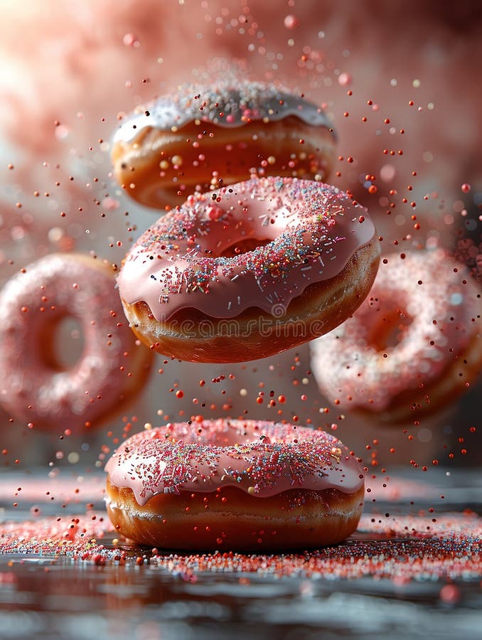 Various Decorated Donuts in Motion Falling on Pink Background. Stock ...