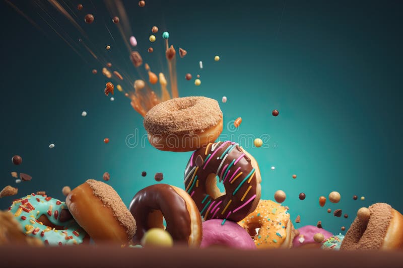 Various Decorated Doughnuts in Motion Falling on Color Background. AI ...