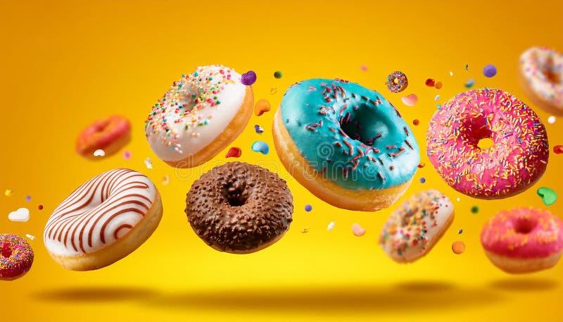 Various Decorated Doughnuts in Motion Falling on Yellow Background ...