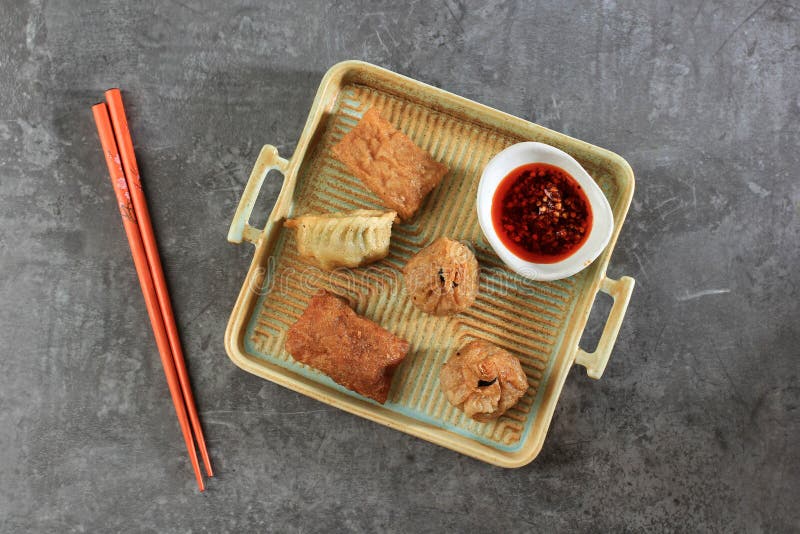 Various Deep Fried Dim Sum Dumpling Served with Chilli Oil Stock Photo ...
