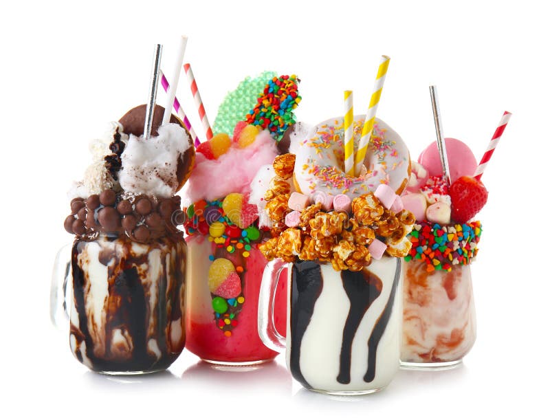 Different Delicious Freak Shakes on White Background Stock Image ...