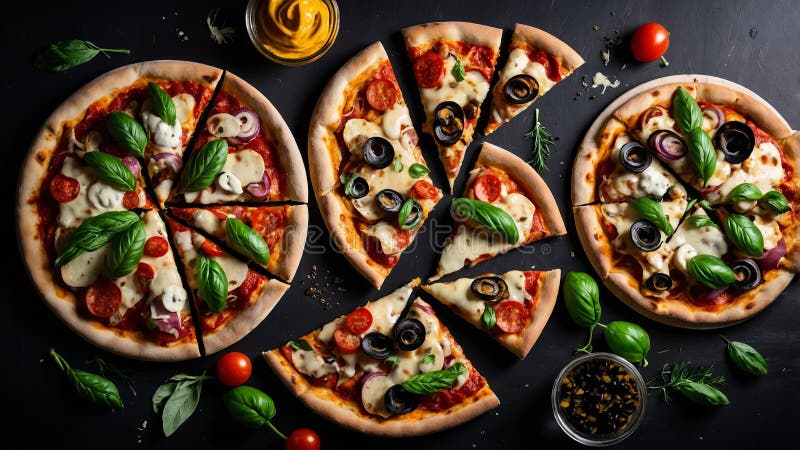 Various Delicious Pizzas with Fresh Ingredients on a Dark Table, Flat ...
