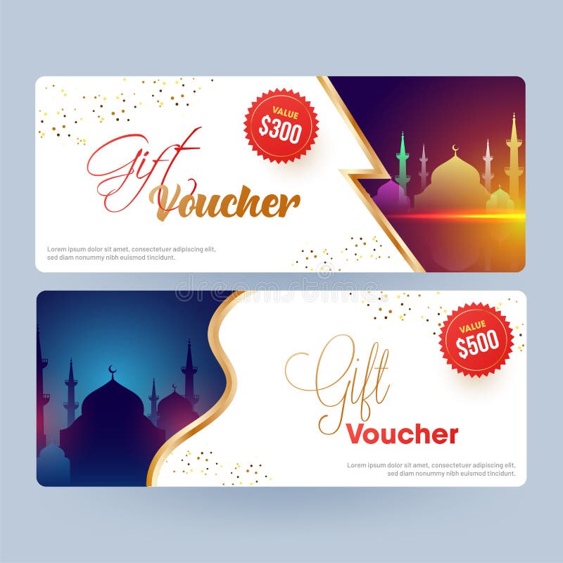Various Design of Gift Voucher or Coupon Layout with Silhouette Mosque ...