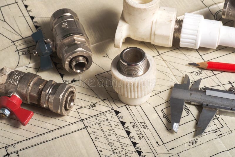 Various Details for Connecting Water Pipes on the Drawing. Measuring ...