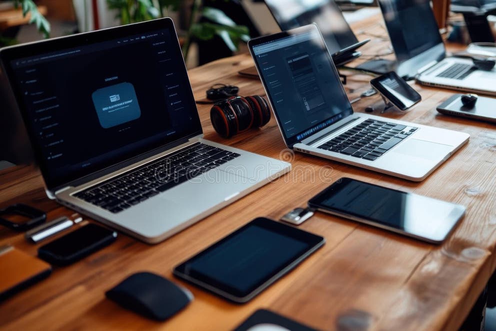 Various Devices on Wood Table, with Digital Workspace Concept and ...