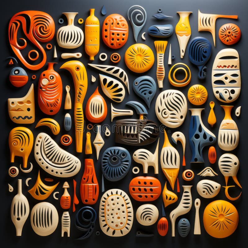 Colorful Vector Wooden Sculpture with Vase and Fruits Stock ...