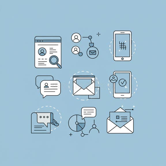 Various Digital Communication Icons on a Light Blue Background ...