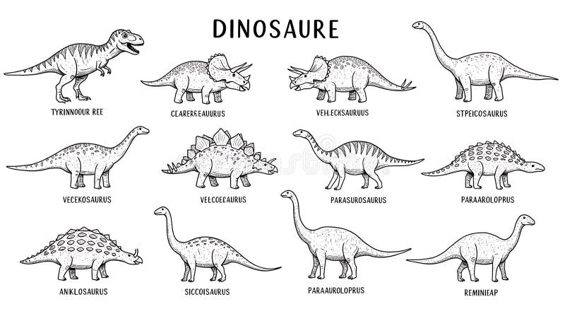Various Dinosaur Line Drawings Illustration Displaying Different ...