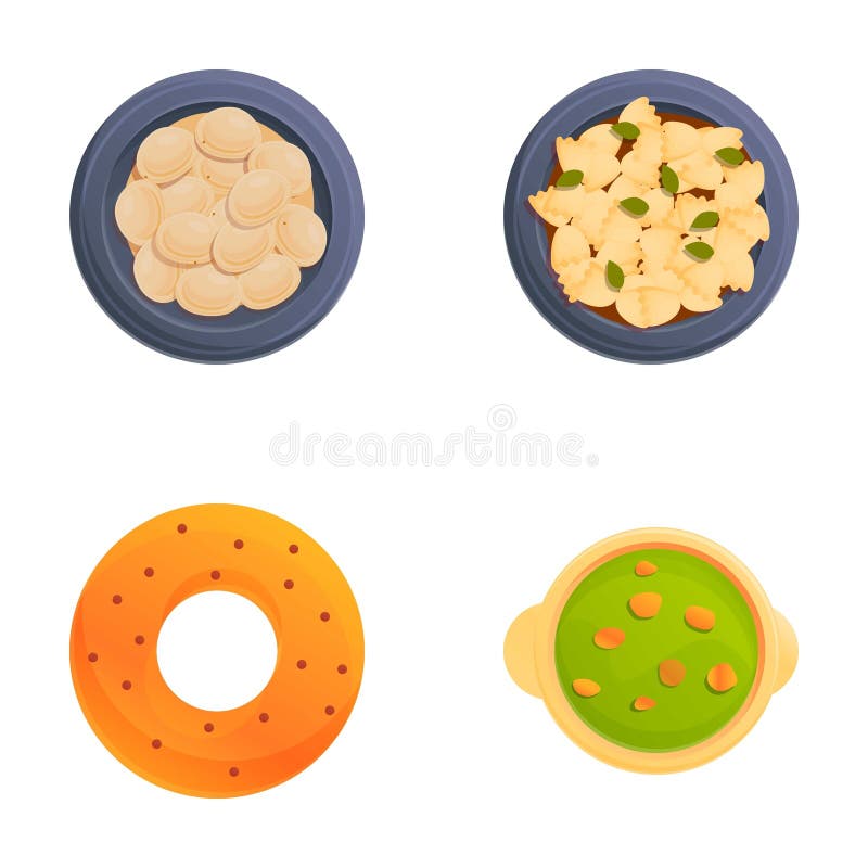 Various Dish Icons Set Cartoon Vector. First Second Course and Dessert ...