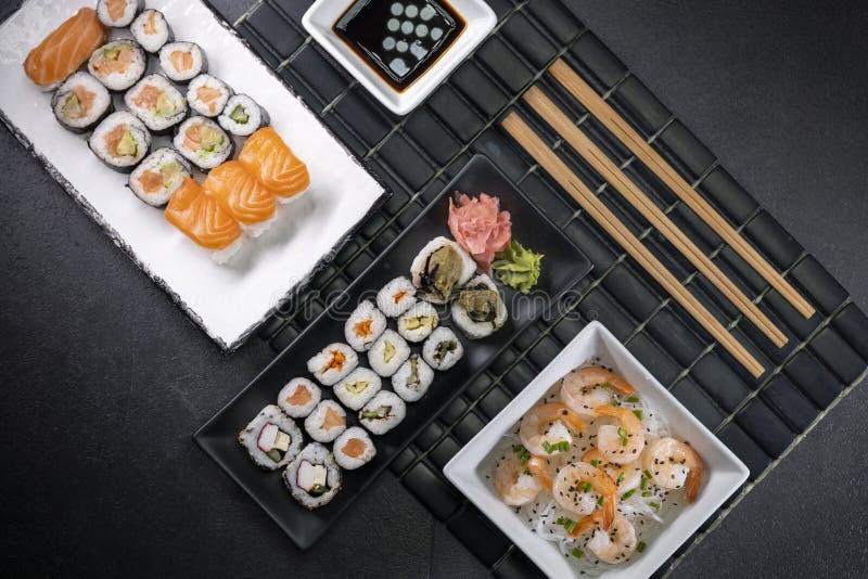 Various Dishes of Asian Cuisine with Typical Sushi Stock Photo - Image ...