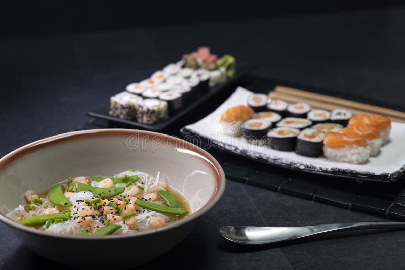Various Dishes of Asian Cuisine with Typical Sushi Stock Image - Image ...